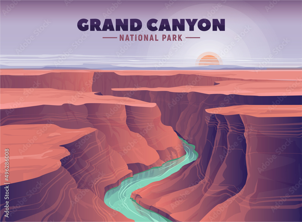 Grand Canyon and Colorado river. Vector illustration. United States ...