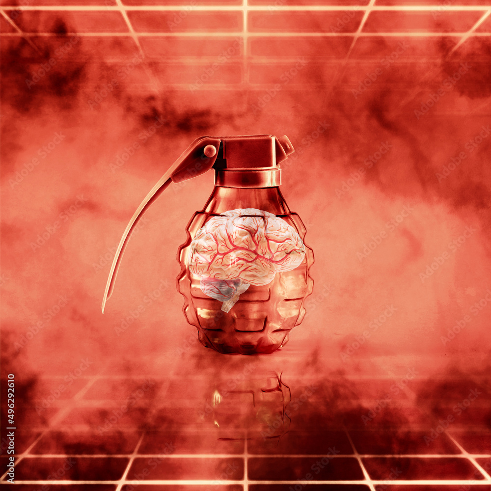 Human brain locked in the bomb on foggy bloody-red dystopian background ...