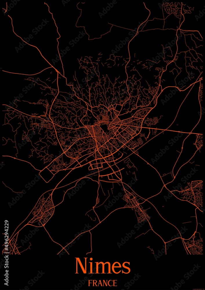 Black and orange halloween map of Nimes France.This map contains ...