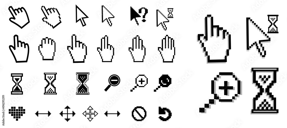 Pixel mouse cursor icons. Pixel hand, pointer hand, arrow and hourglass ...