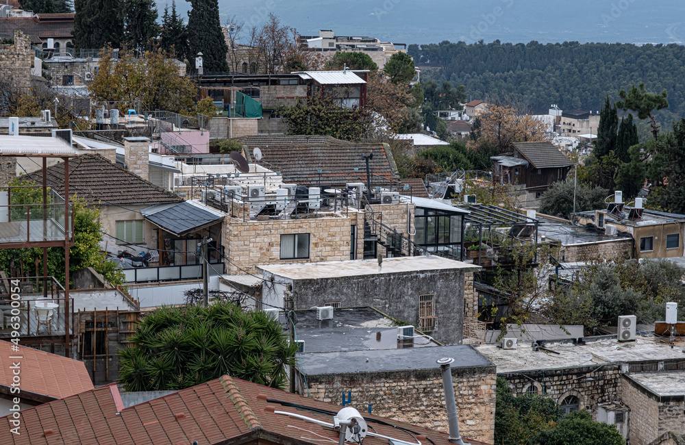 Aerial view of the Old and New Town of Safed, located at 900 m ASL, on ...