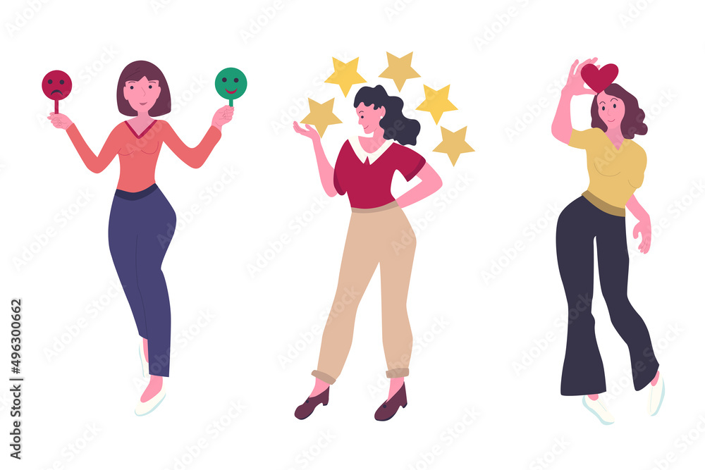 People give review rating and feedback. Women holding in hands heart ...