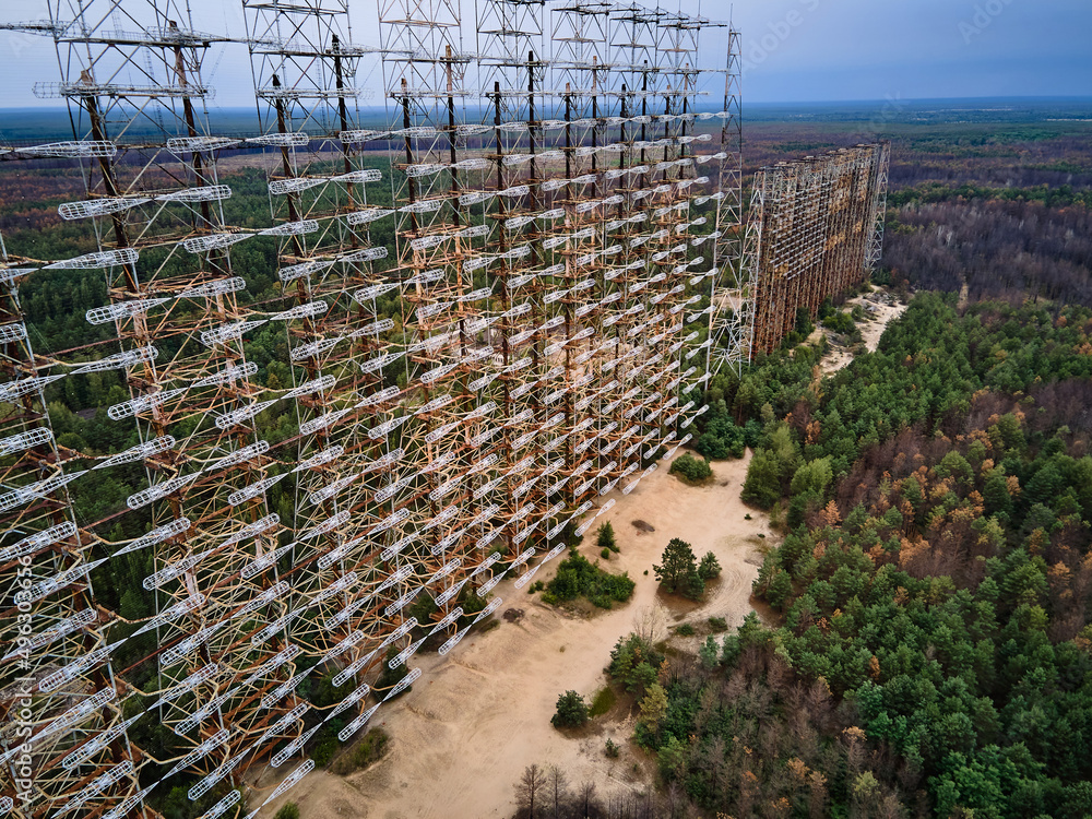 Aerial view of Former remains of Duga radar system in abandoned ...