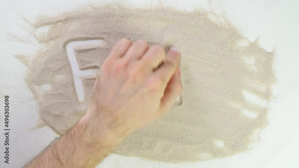 Fake write. Top view draw on the sand. Caucasian hands write text in ...