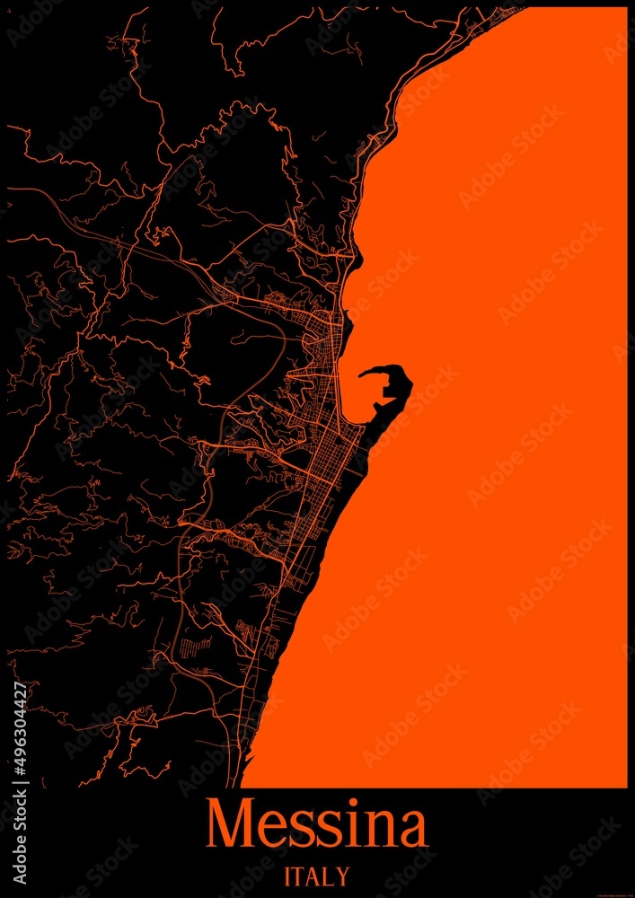 Black and orange halloween map of Messina Italy.This map contains ...