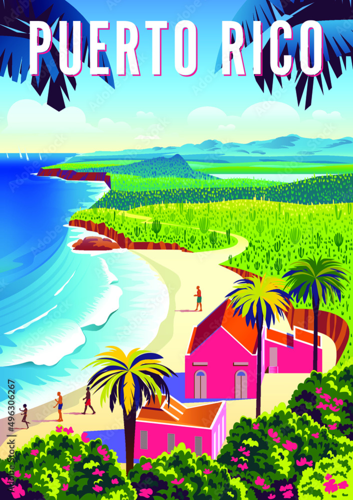 Puerto Rico travel poster. Beautiful landscape with boats, beach, palms ...
