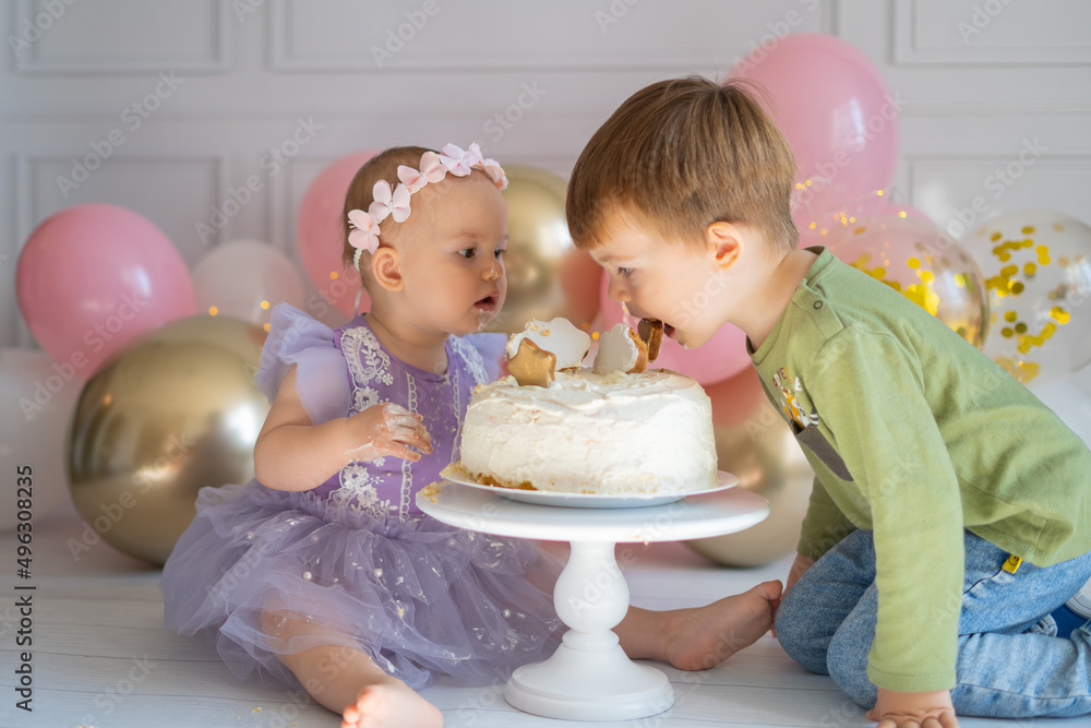 Brother and sister celebrate a birthday. Cake for one year old . Smash ...