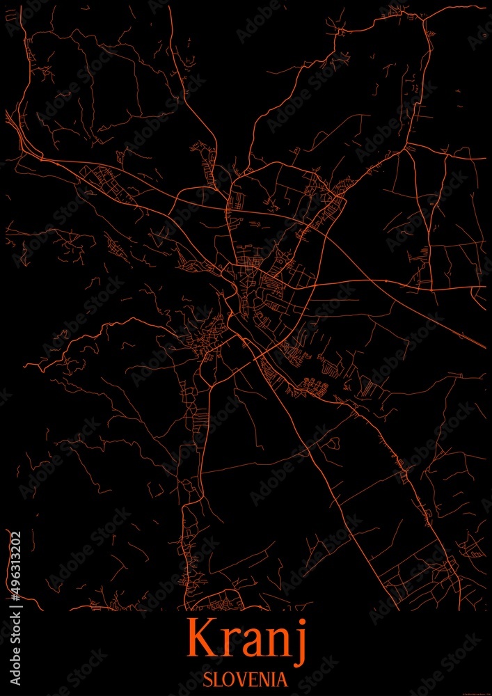 Black and orange halloween map of Kranj Slovenia.This map contains ...