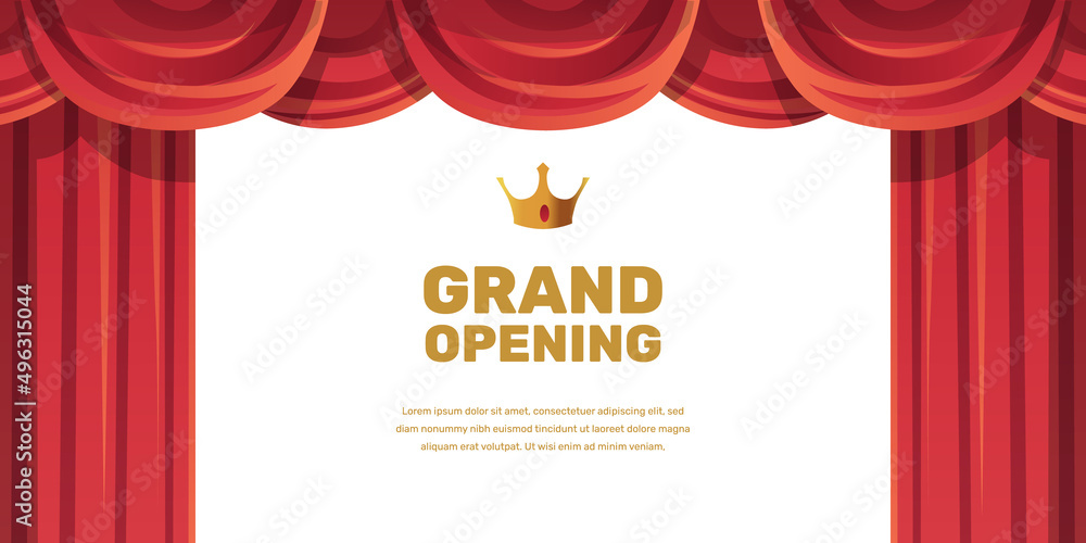 Grand opening poster with elegant cartoon drapery red curtain stage ...