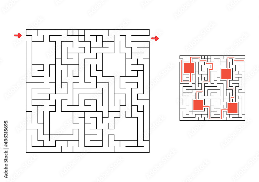Square maze with answer. Game for kids. Puzzle for children. Labyrinth ...