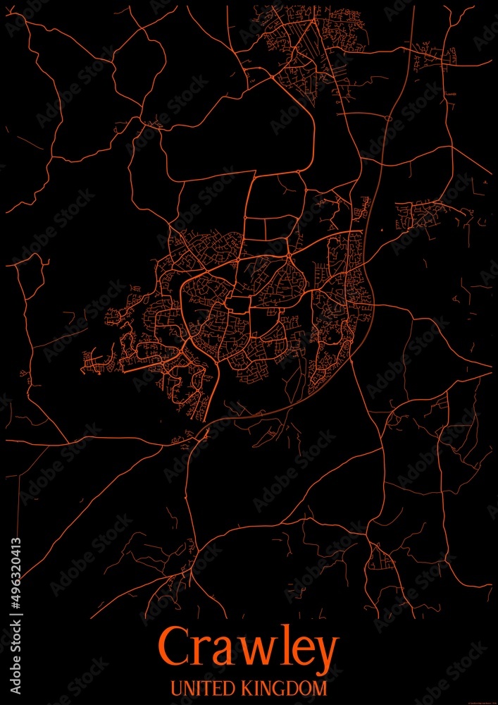 Black and orange halloween map of Crawley United Kingdom.This map ...