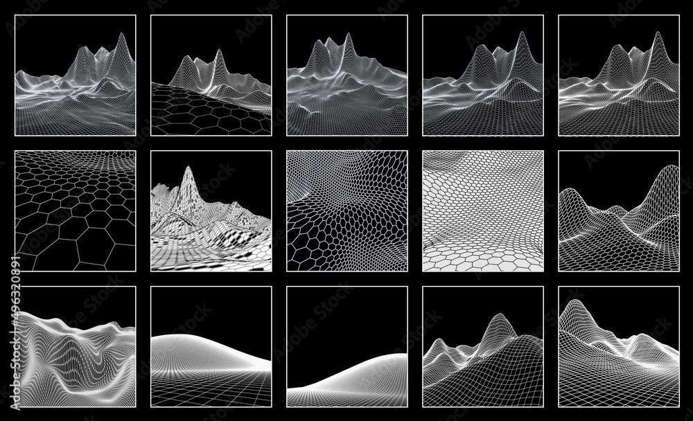 Wireframe Landscape Backgrounds Set Eps 10 Vector Illustration Terrain Digital Topography