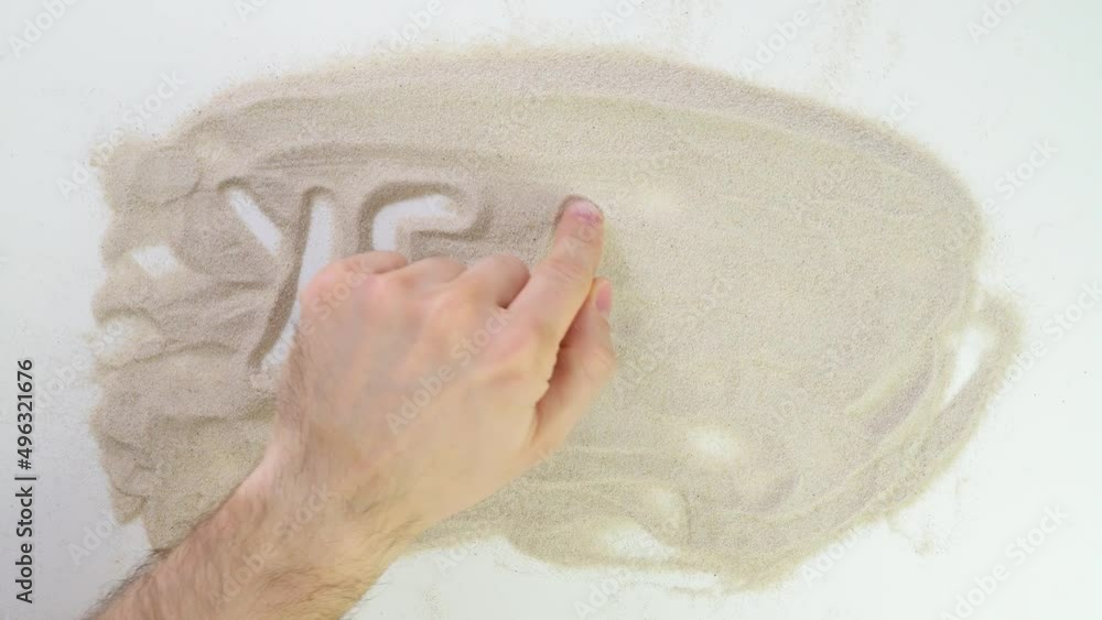 yeah wow Top view draw on the sand. Caucasian hands write text in beige ...