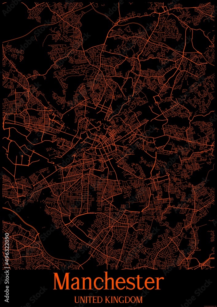 Black and orange halloween map of Manchester United Kingdom.This map ...