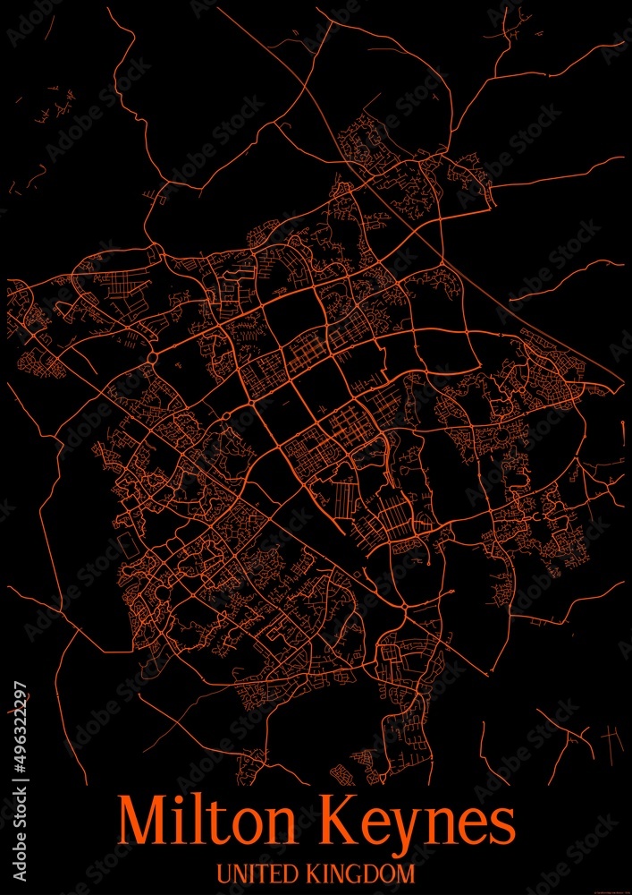 Black and orange halloween map of Milton Keynes United Kingdom.This map ...