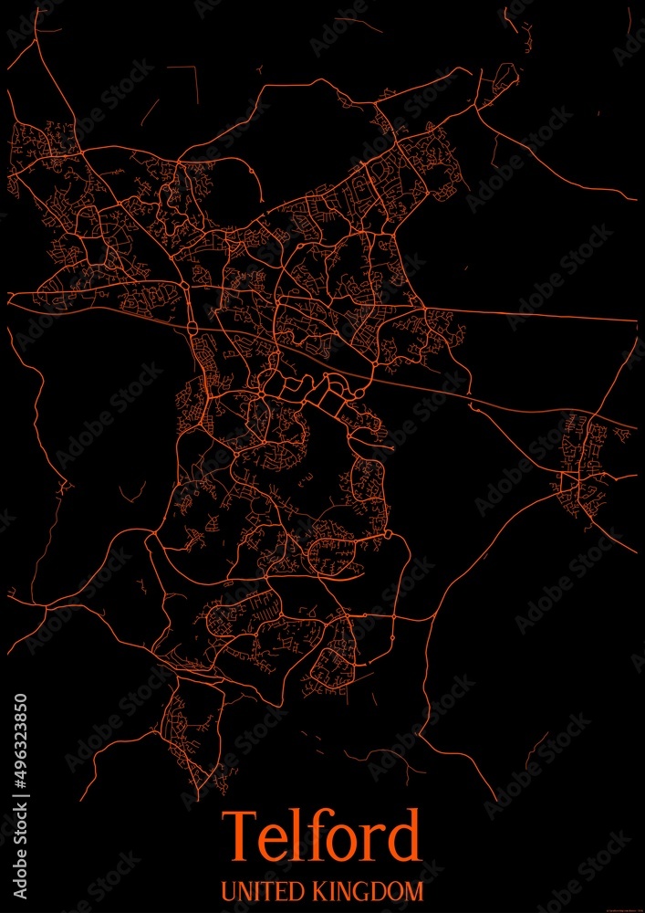 Black and orange halloween map of Telford United Kingdom.This map ...