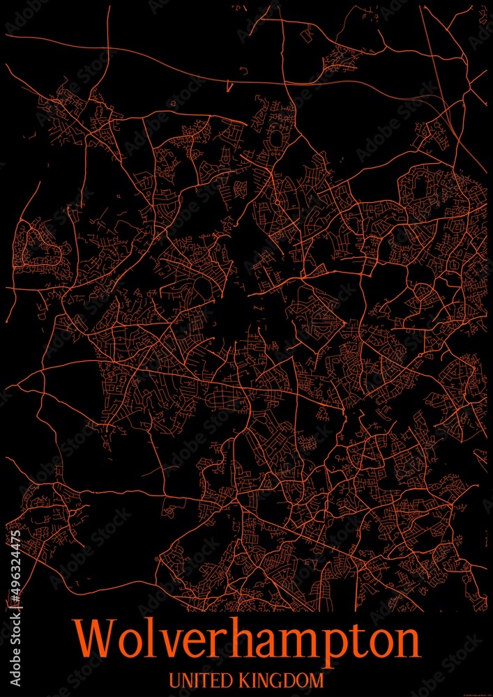 Black and orange halloween map of Wolverhampton United Kingdom.This map ...