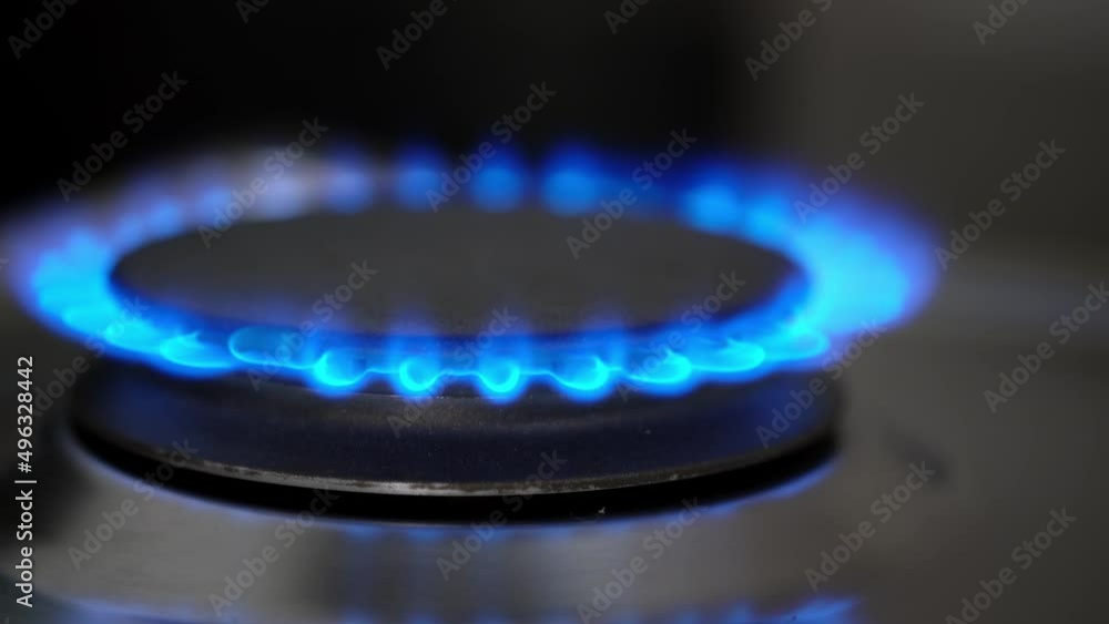 Large hob on stove turning on and burning blue natural gas flames. Cooking and heating with ...