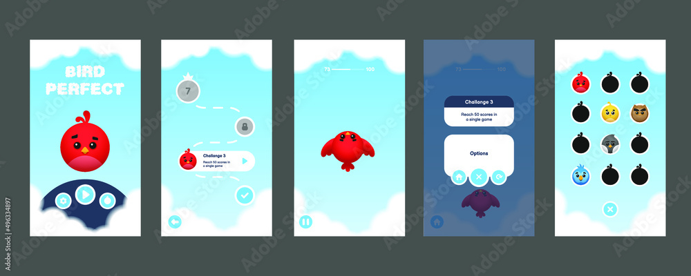 Set of interface elements for a mobile game. The UI asset has standard ...
