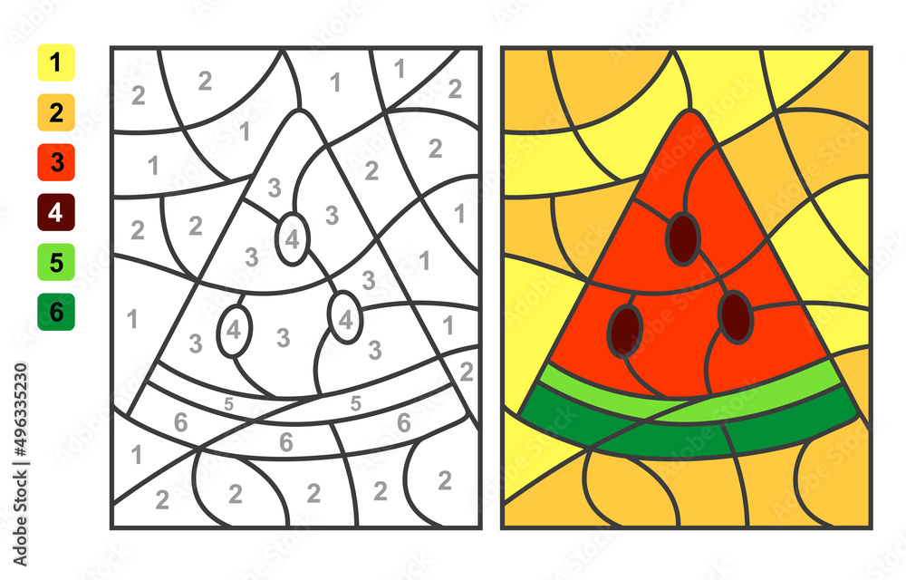 Color by numbers watermelon slice. Puzzle game for children education ...
