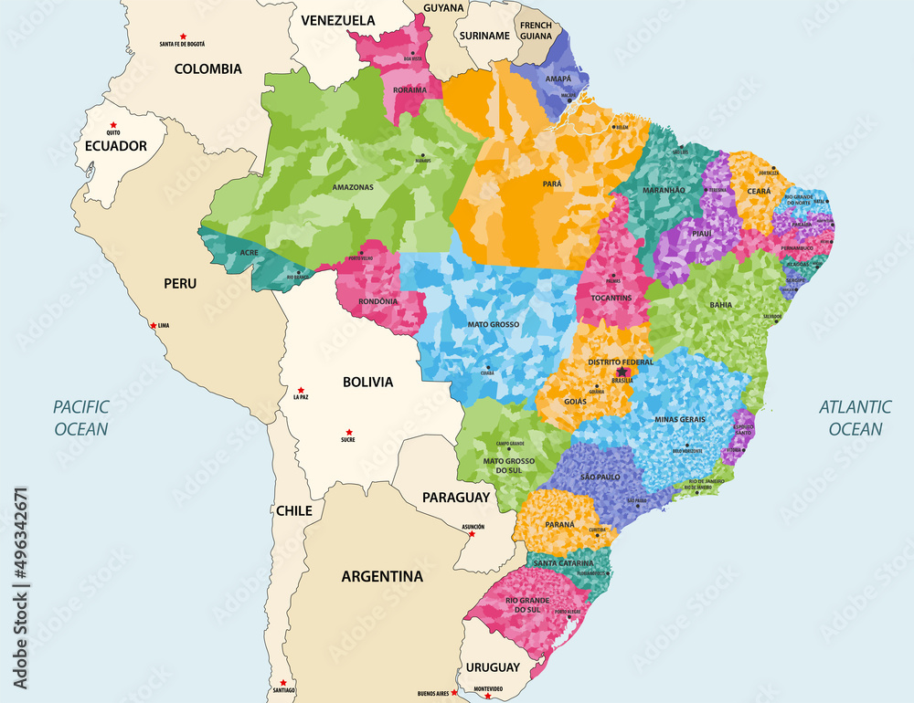 Brazil states and municipalities vector high detailed colored map with ...