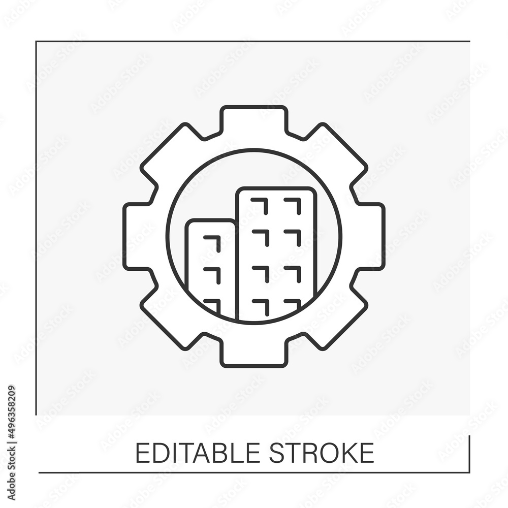Apartment line icon.City buildings inside cogwheel. Construction ...