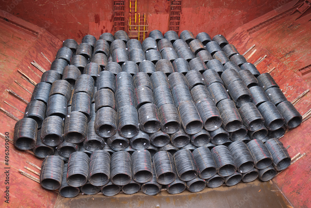 Top view of wire rods in coils stowage into cargo hold of the vessel ...