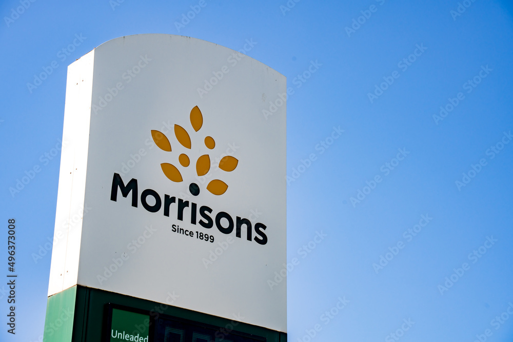 Morrisons signage logo outside a modern supermarket, Leamington Spa, 19 ...