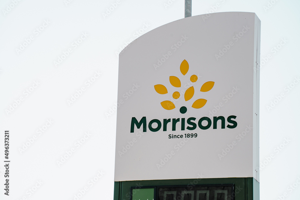 Morrisons signage logo outside a modern supermarket, Leamington Spa, 19 ...