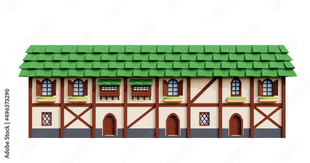Medieval green roof 2-floor house 3d rendering. Fantasy building ...