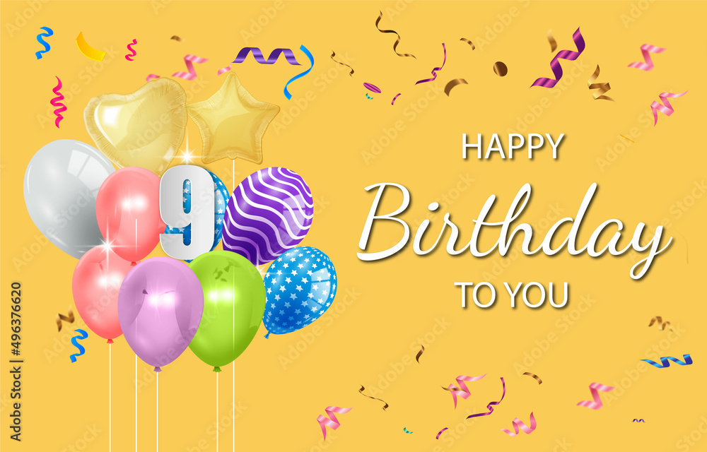 Happy 9th birthday balloons greeting card background vector. Happy ...