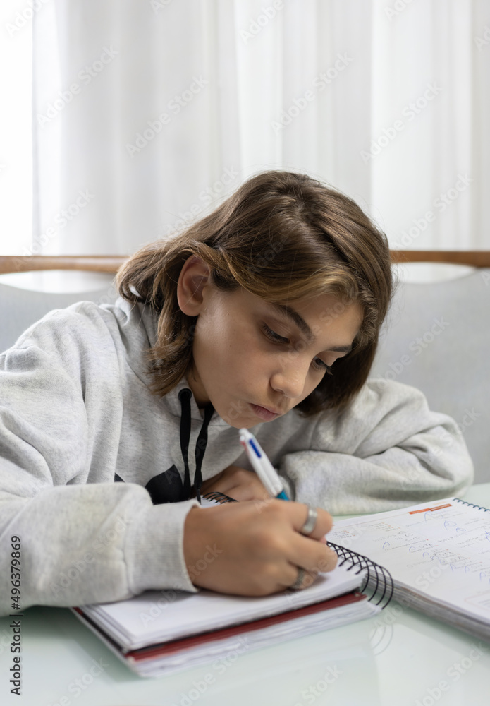 Foto de Adolescente estudando em casa. Garoto de pele branca e cabelos ...