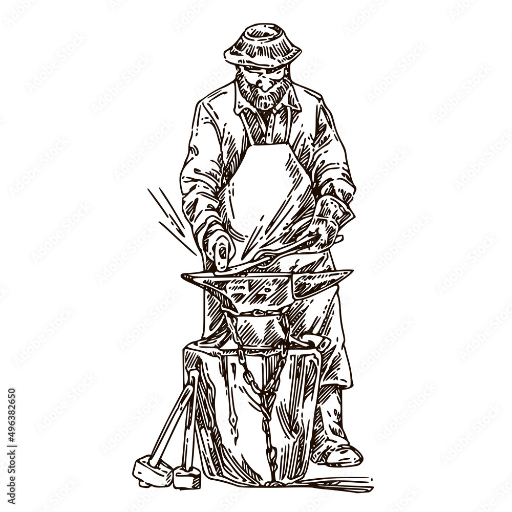 Blacksmith. Standing man in a work apron is forging iron on an anvil ...