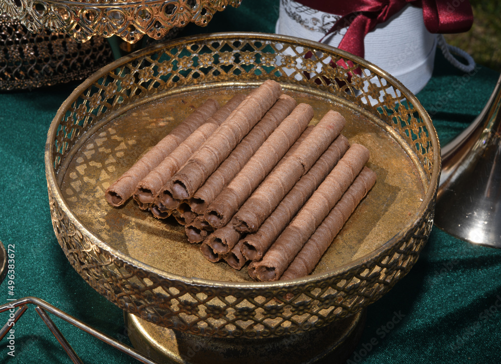 Chocolate wafer stick roll, Chocolate wafer stick crunchy in the plate ...