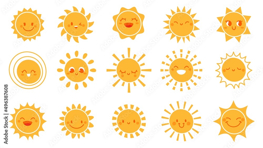 Cute sun characters with funny faces, happy suns emoji. Summer sunshine ...