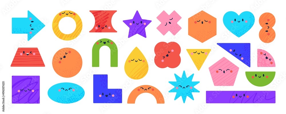 Geometric shapes with funny faces, cute star and triangle shape ...