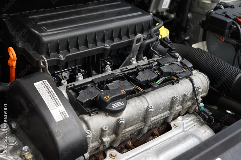 Moscow Russia - April 2022: The engine of a modern car is installed in ...