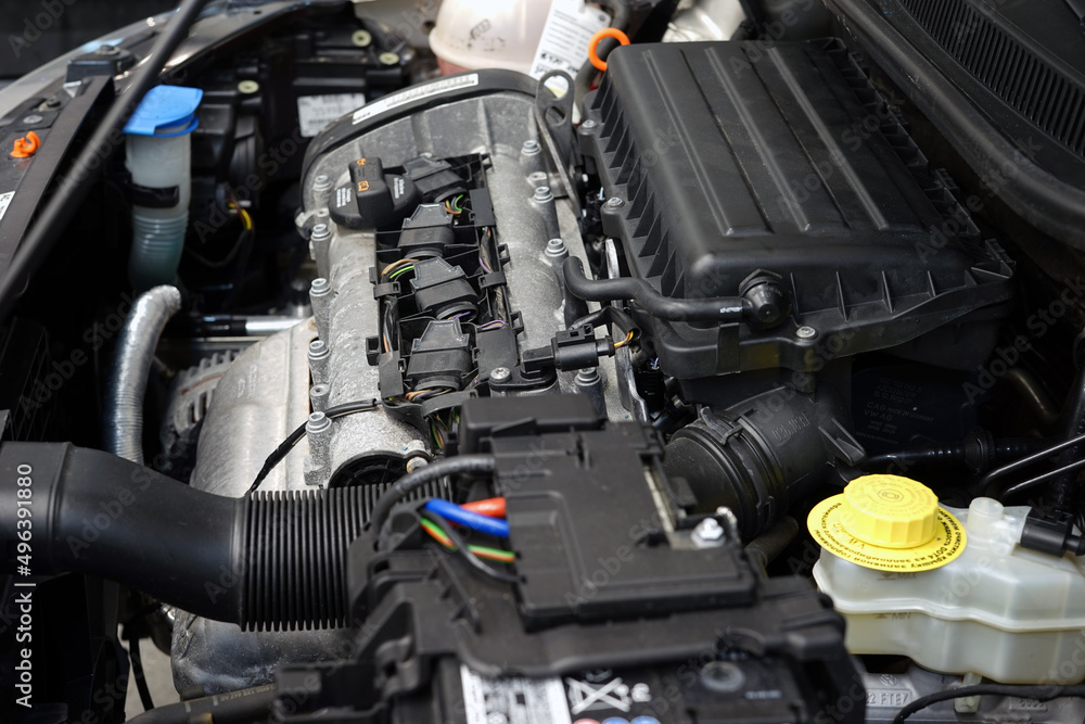 Moscow Russia - April 2022: The engine of a modern car is installed in ...