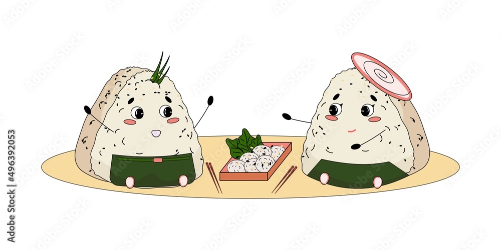 Cute onigiri couple having a Japanese picnic and talking. Triangle ...