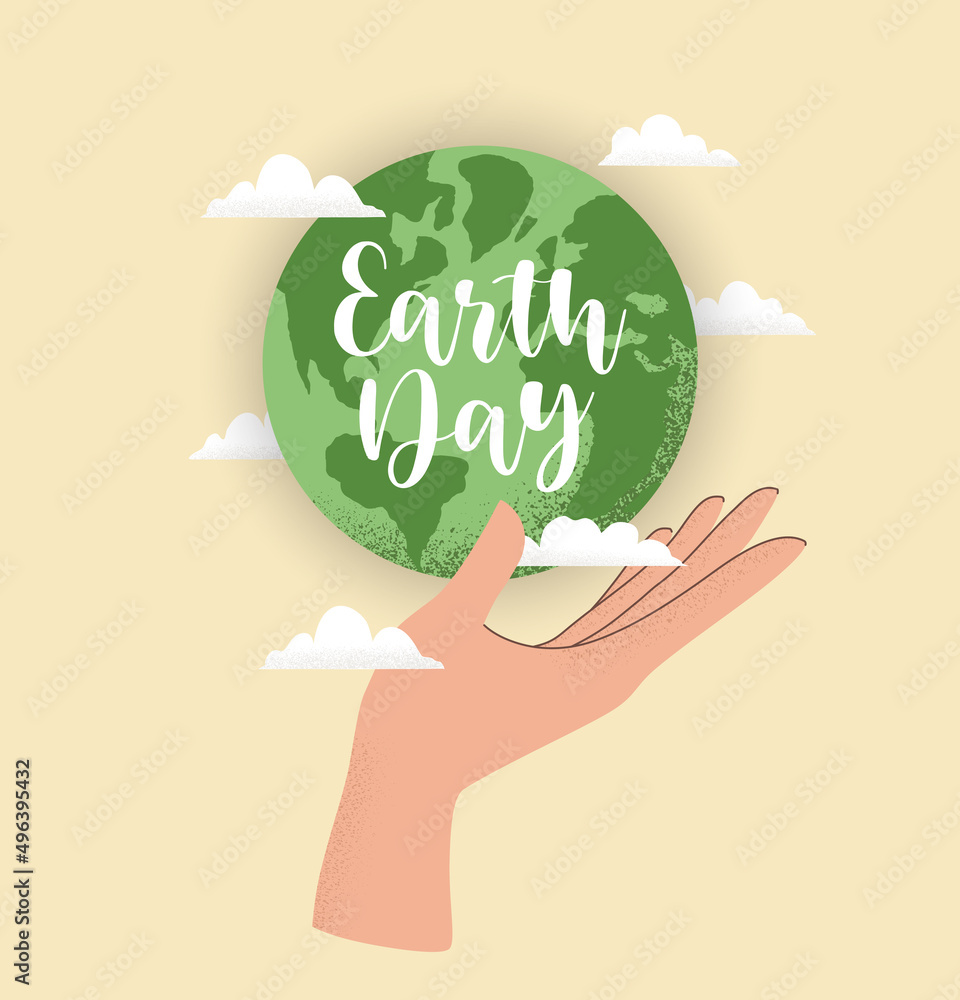 Vector illustration of human hand holding Earth globe with clouds ...
