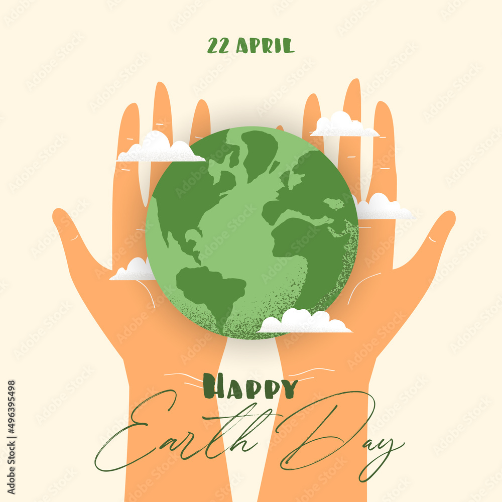 Vector illustration of human hands holding Earth globe with clouds ...