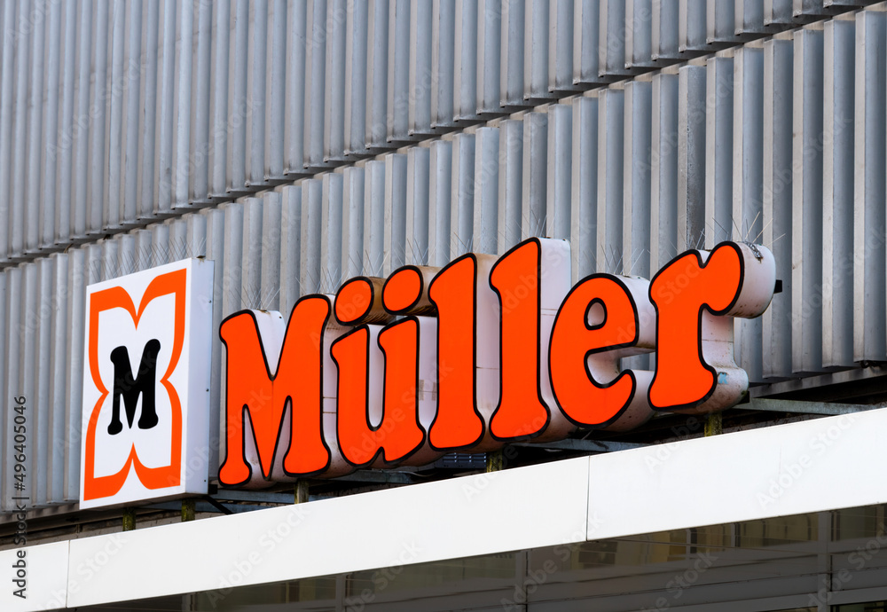 Müller logo on a facade. Müller is primarily a cosmetics store with ...