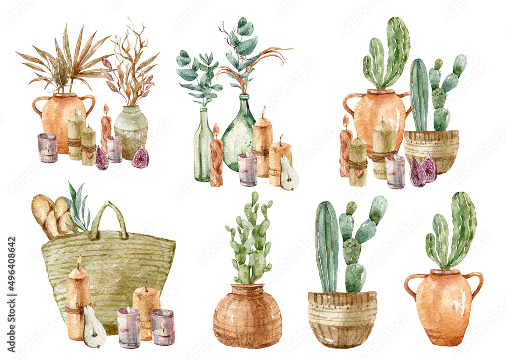 Watercolor hand painted boho flowers and cacti clipart set. Hand drawn ...