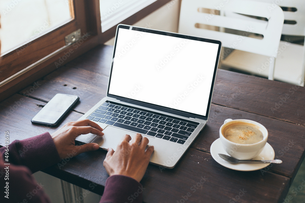 computer screen blank mockup.hand woman work using laptop with white ...