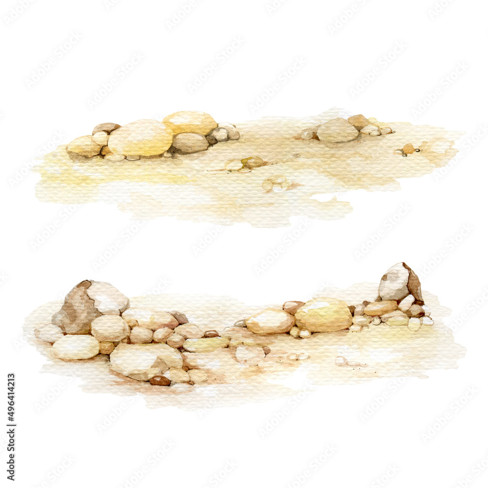 Sandy background watercolor illustration set. Hand drawn rocks and sand ...