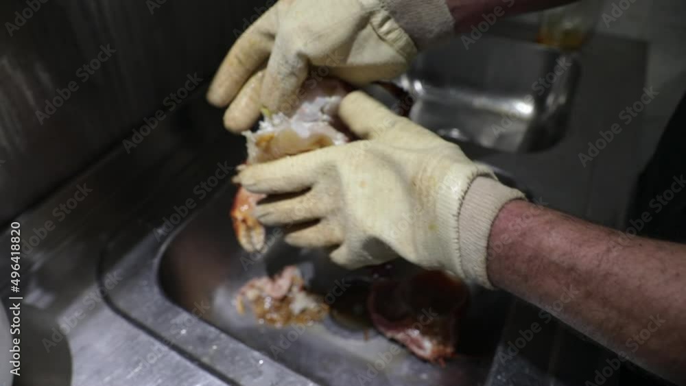 Gastronomy. Cooking in the kitchen. Restaurant chef putting Spider Crab ...