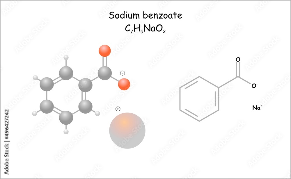 Stylized molecule model and skeletal formula of sodium benzoate. Use as ...