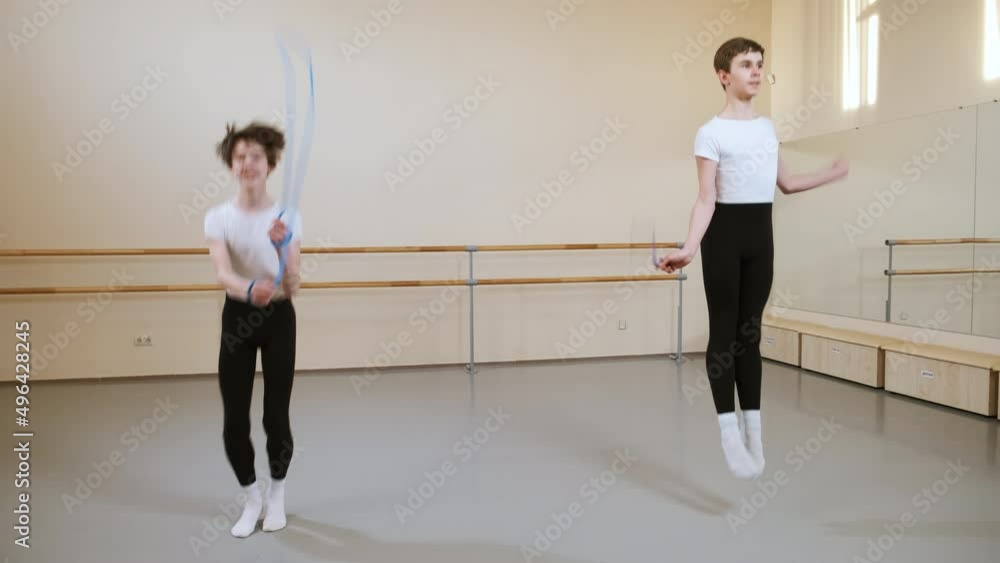 Boys Teenagers Jumping with Skipping Rope, Doing Exercise in Ballet ...