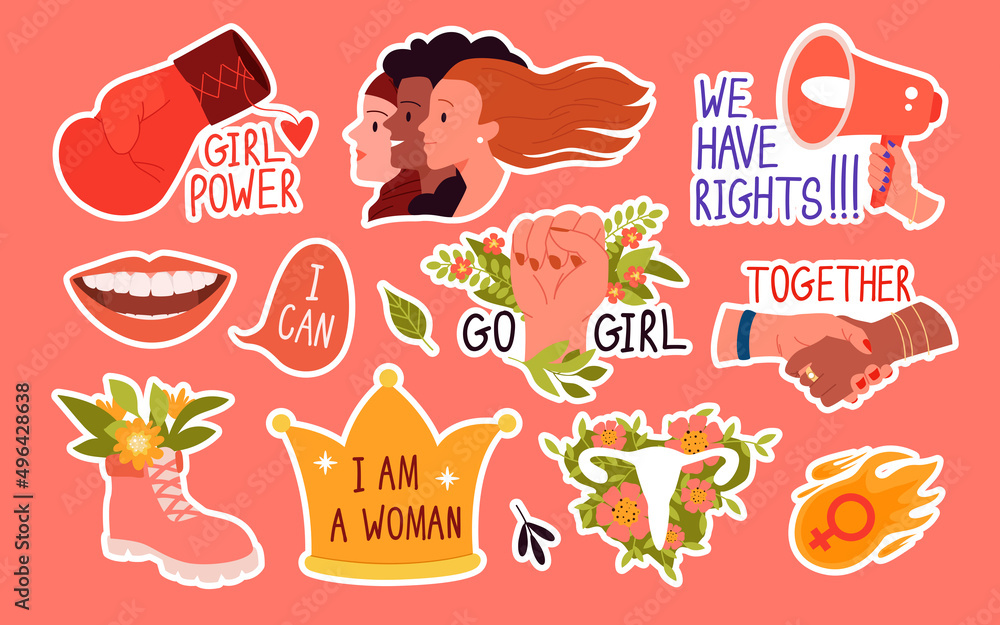 Set of stickers supporting feminism ideology. Women empowerment, rights ...