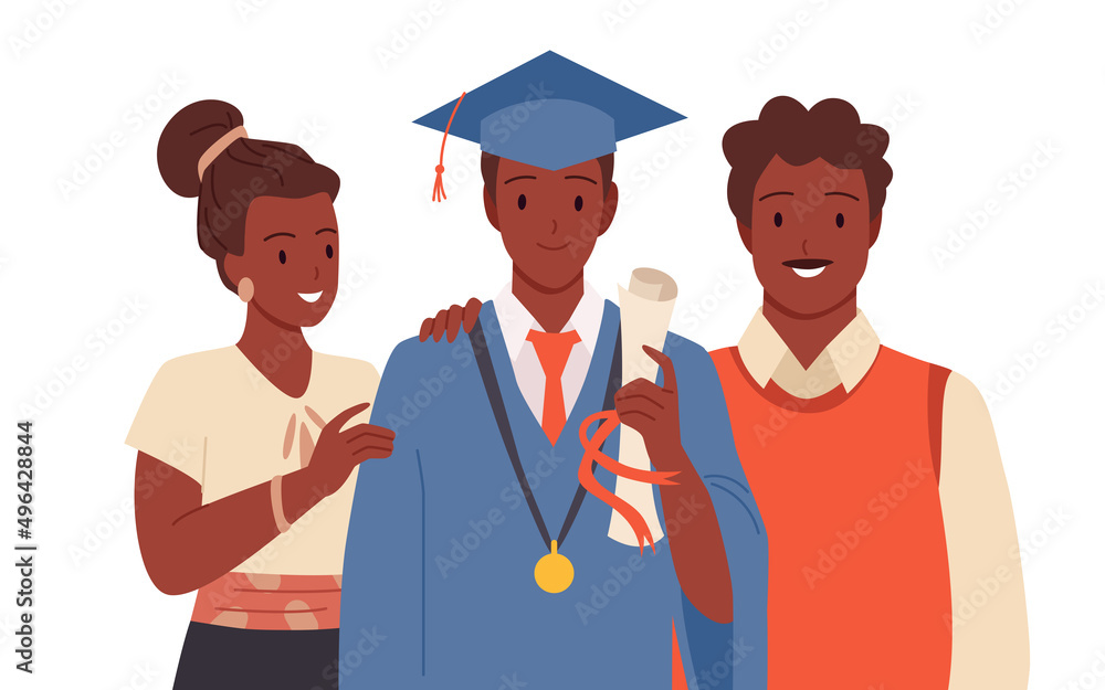 Graduate student with his proud parents. Graduation school ceremony ...